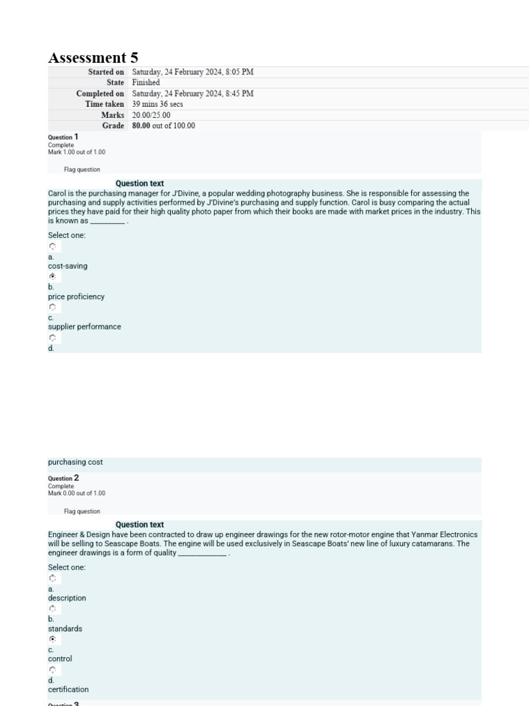 Assessment 5 ANSWERS | PDF | Supply Chain | Lean Manufacturing