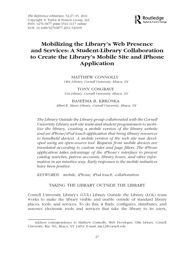 Connolly, Matthew (2011) - Mobilizing The Library's Web Presence and ...