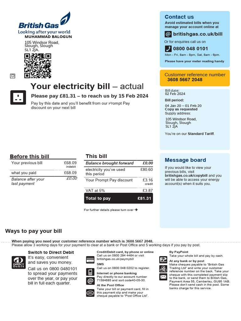 British Gas Electricity Bill Details | PDF | Payments | Cheque