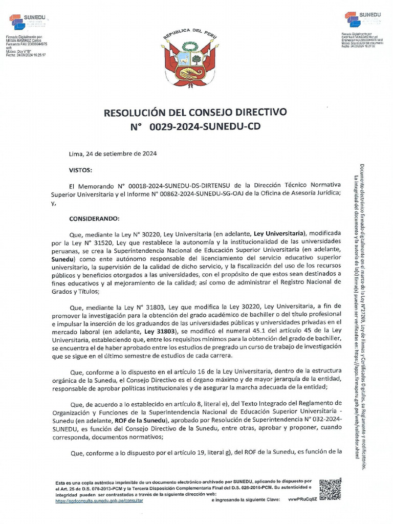 RESOLUCION DE CONSEJO DIRECTIVO N° 0029-2024-SUNEDU-CD (2) | PDF