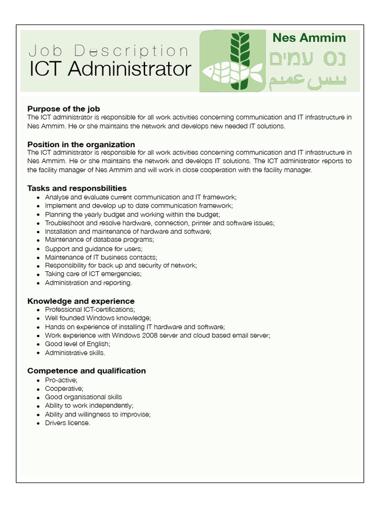 Job Description ICT Administrator | PDF | Information And ...