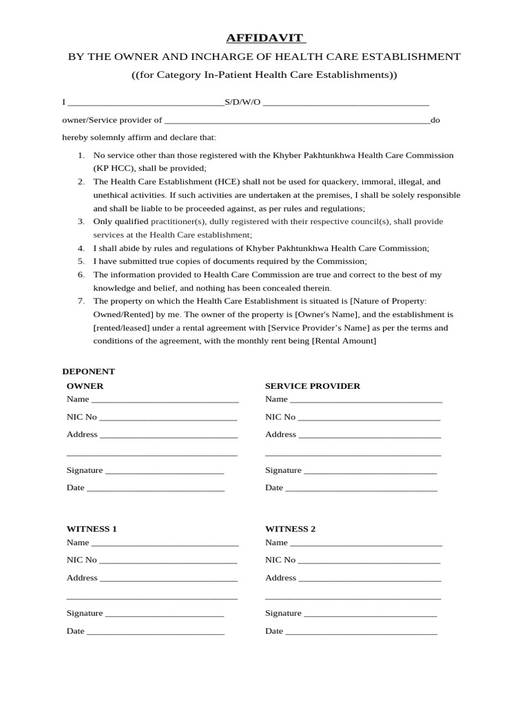 Affidavit For in Patient Health Care Establishments | PDF | Affidavit ...