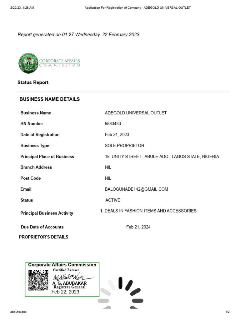 Application For Registration of Company - ADEGOLD UNIVERSAL OUTLET | PDF