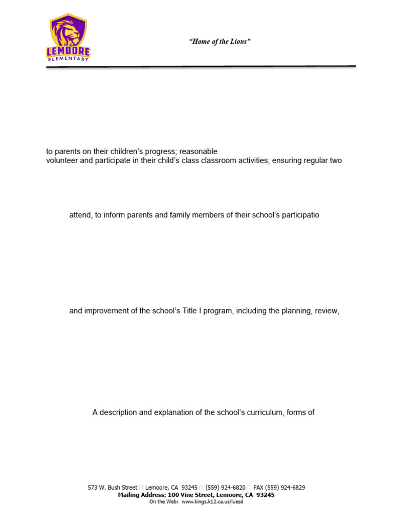 Lemoore Title I Parent Involvement Policy | PDF | Elementary And ...
