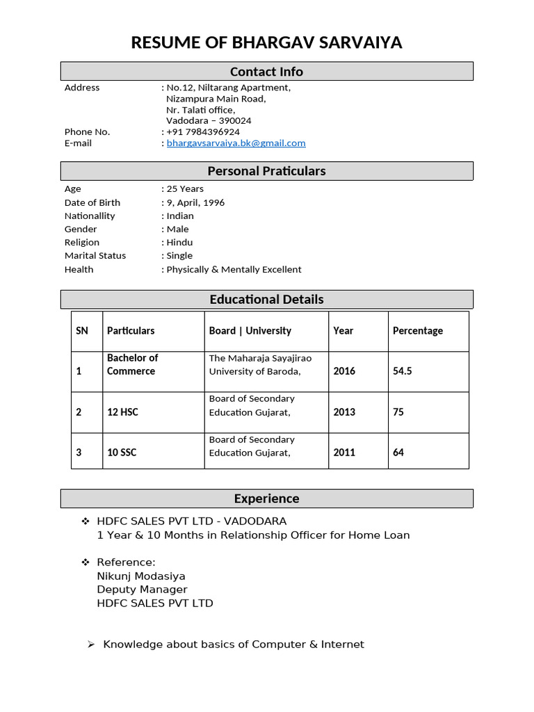 Resume of Bhargav Sarvaiya | PDF