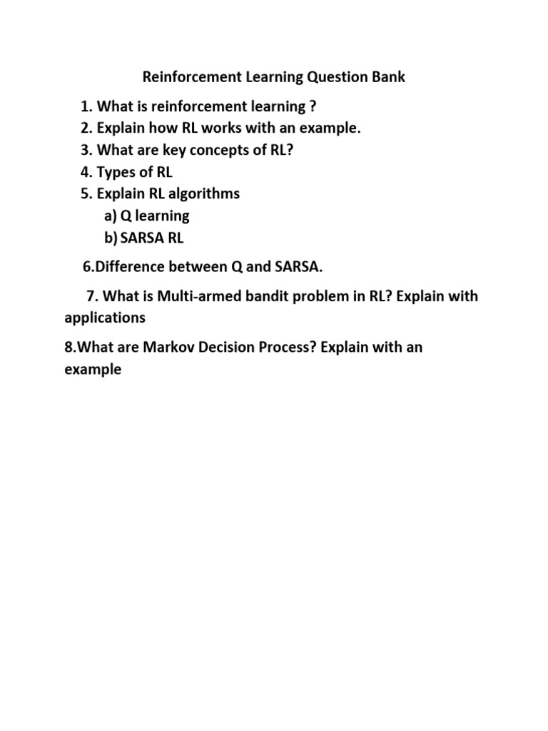 Reinforcement Learning Question Bank | PDF