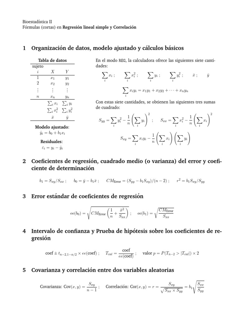 Hoja Formulas Reg Cor | PDF | Regresión lineal | Covarianza