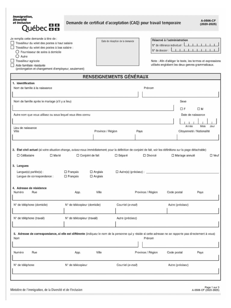 Formulaire de Demande Du Certificat D'acceptation Du Quebec | PDF