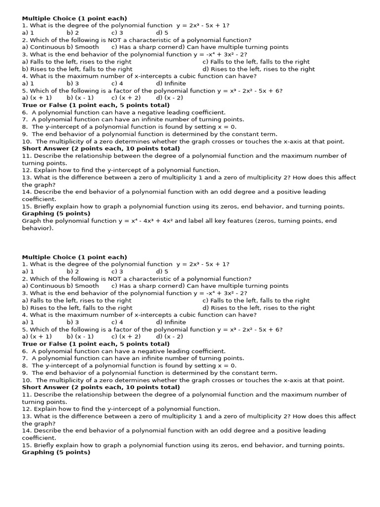 Polynomial Functions Quiz Guide | PDF | Polynomial | Zero Of A Function