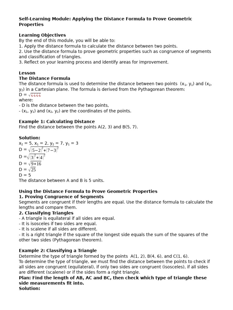 Self-Learning Module For Distance Formula | PDF | Triangle | Mathematics