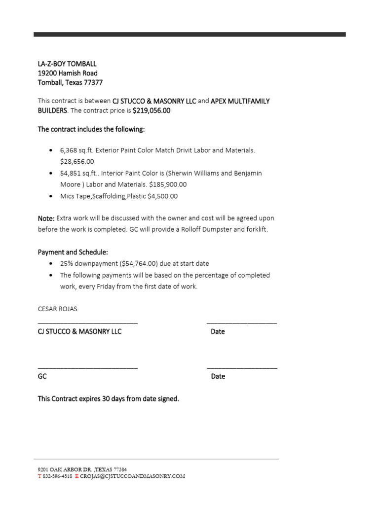 CJ Stucco & Masonry Contract Details | PDF