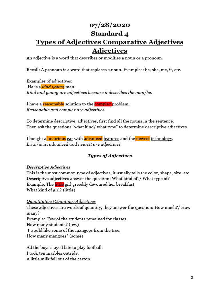 Adjectives Notes | PDF | Adjective | Noun