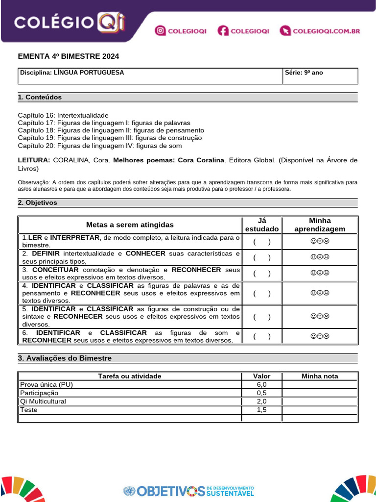 Ementa LP 9ano 4bi 2024 | PDF | Aprendizado