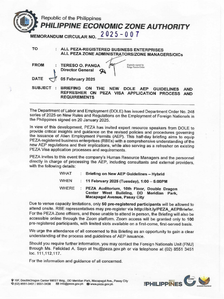 M.C. No. 2025-007 Briefing On The New DOLE AEP Guideliness and ...
