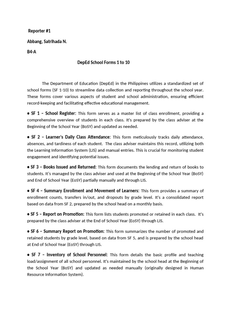 (REPORT) DepEd School Forms 1-10 (Abbang) | PDF | Learning