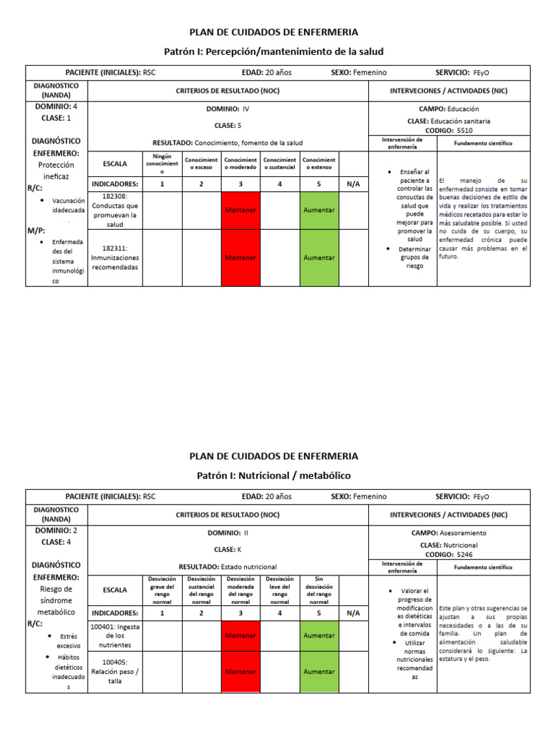 Plan de Cuidados de Enfermería RSC | PDF | Enfermería | Cuidado de la salud