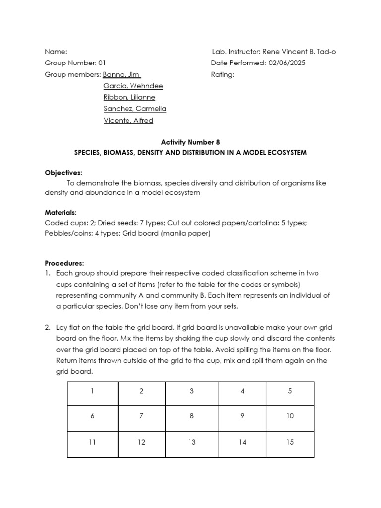 Eco - Lab - Activity 8 - Species Biomass Density and Distribution in A Model Ecosystem | PDF ...