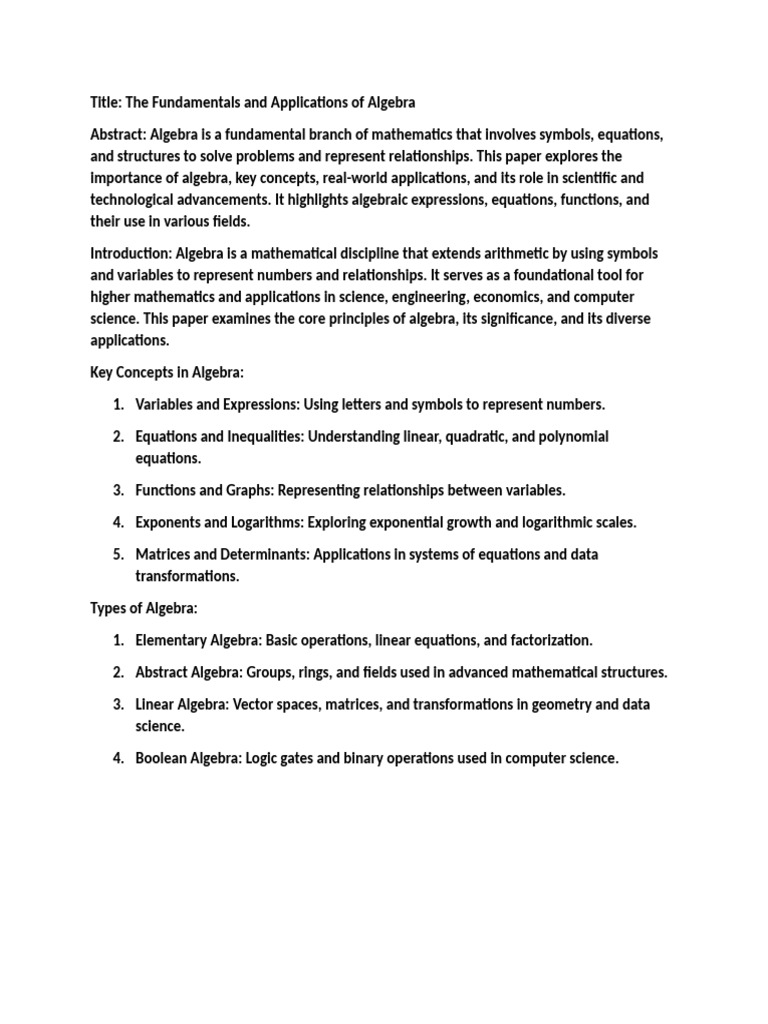 The Fundamentals and Applications of Algebra | PDF