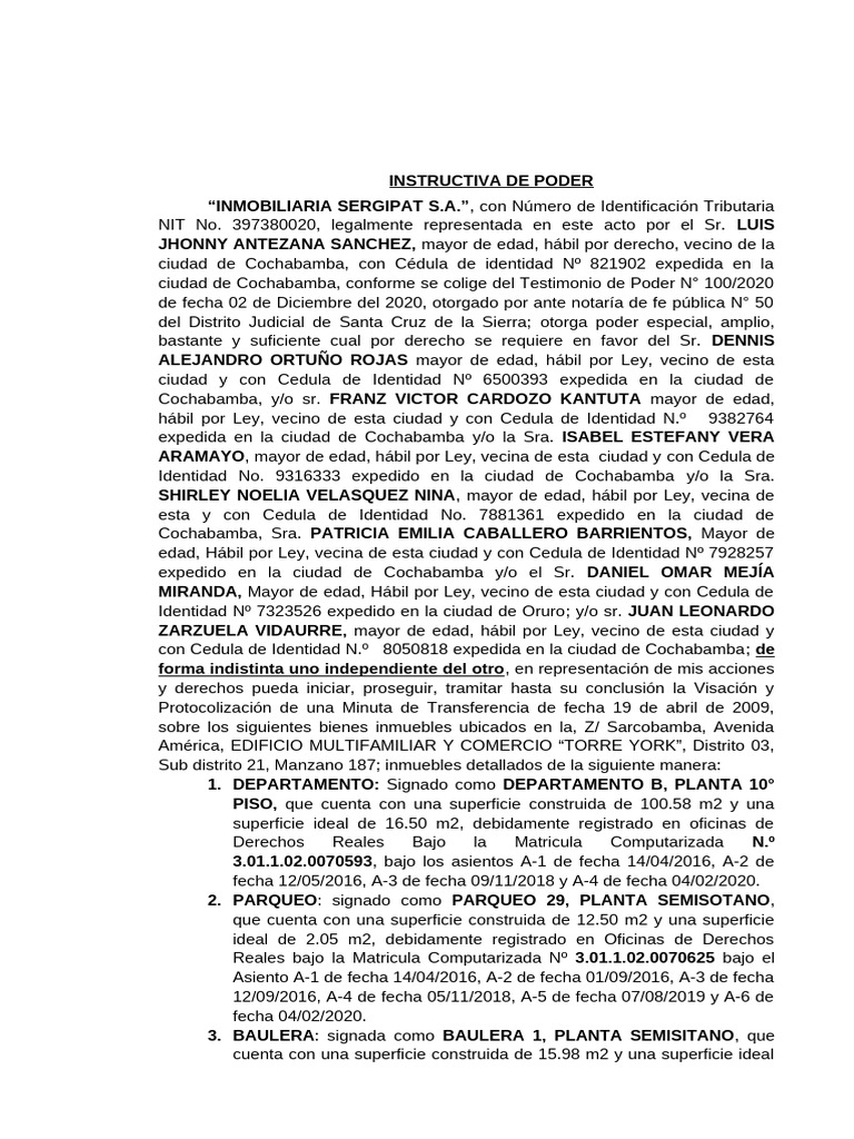 Instructiva de Poder A 127 Inmobiliaria Sergipat | PDF