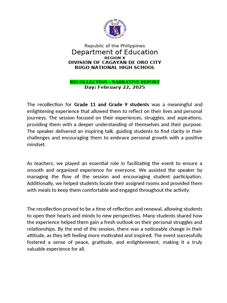 Narrative Report - Recollection | PDF