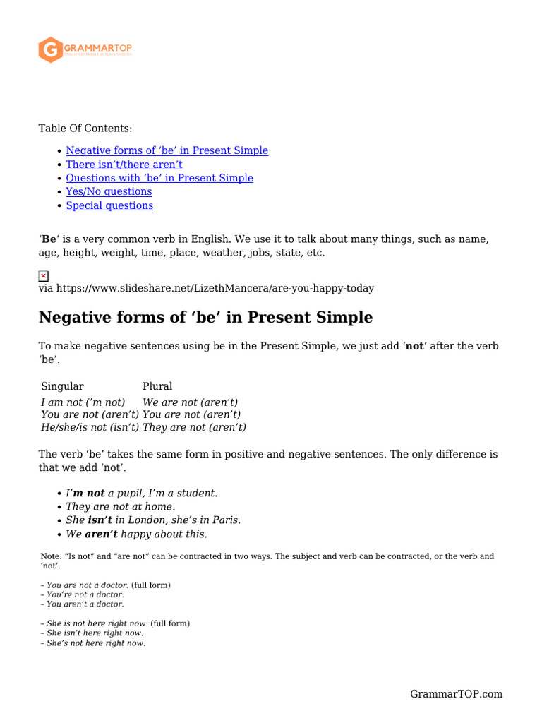 Negative Forms and Questions with 'Be' | PDF | Question | Subject (Grammar)