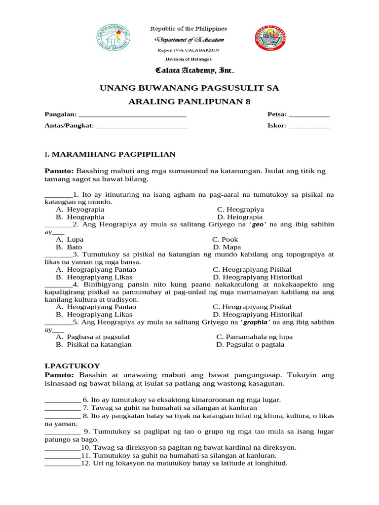 Unang Pagsusulit Ap8 - 120421 | PDF