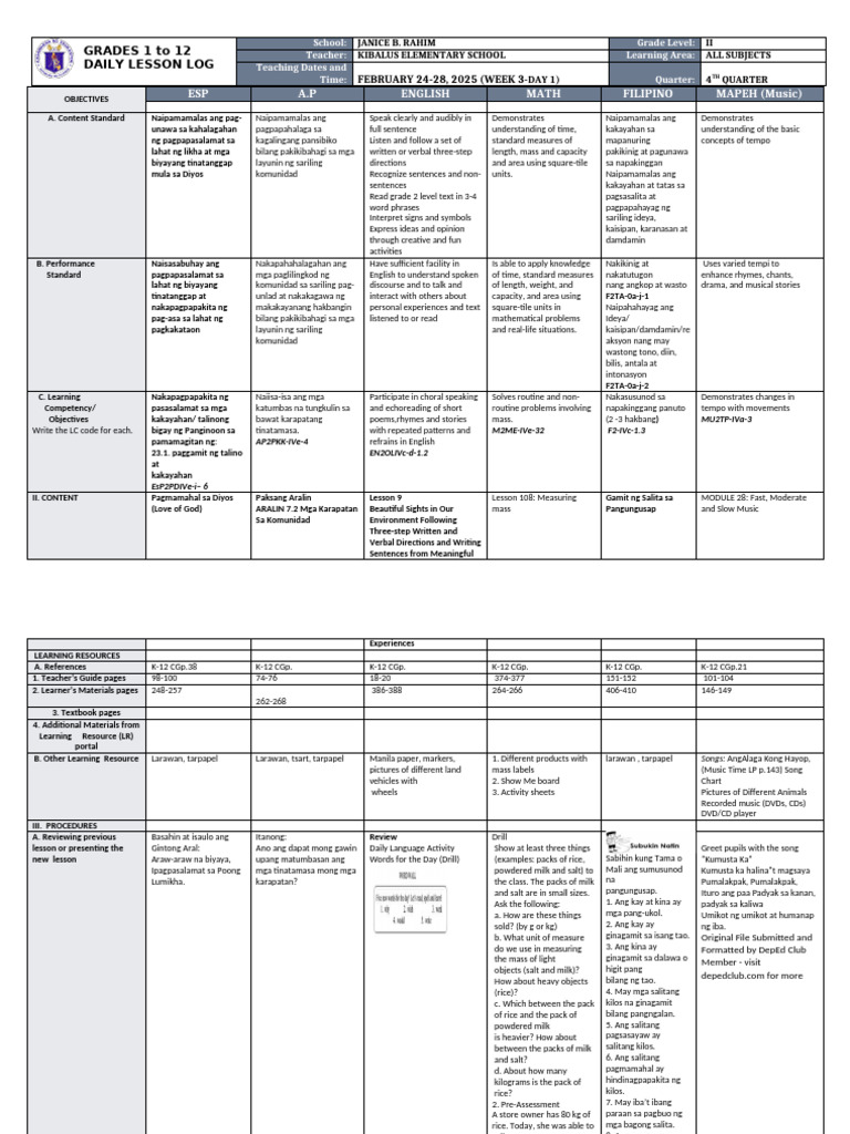 DLL - All Subjects 2 - Q4 - W3 - D1 | PDF