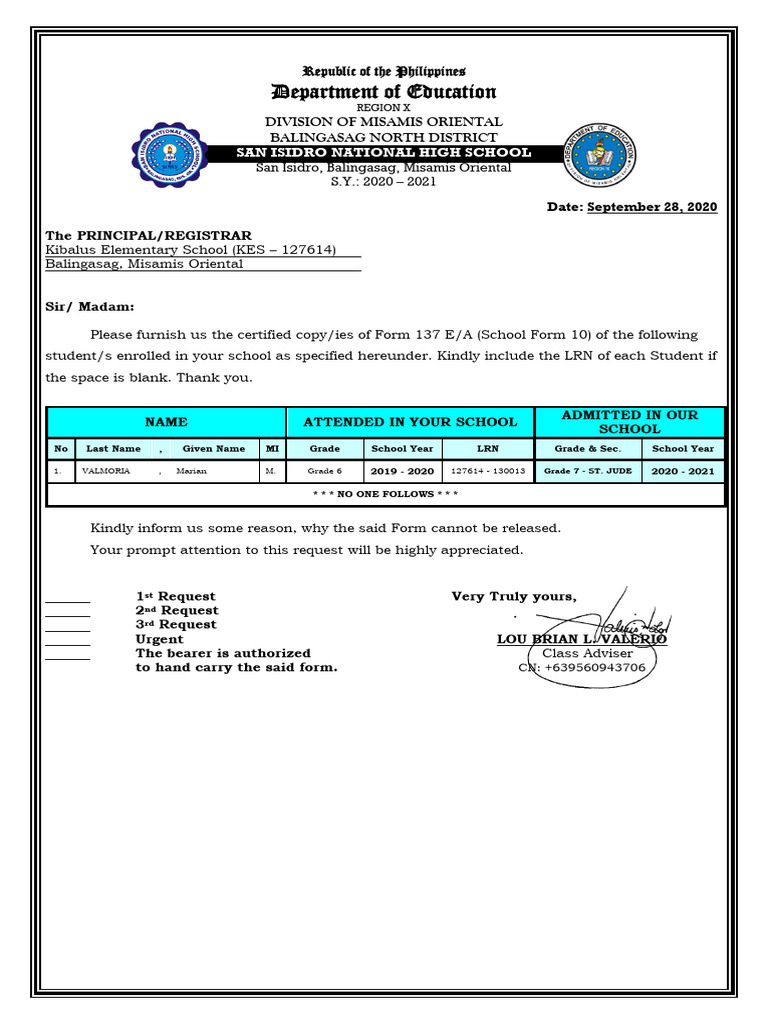 Request For FORM 137 (KES) | PDF