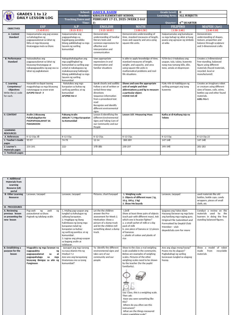 Dll All Subjects 2 q4 w2 d2 | PDF | Weight | Mass