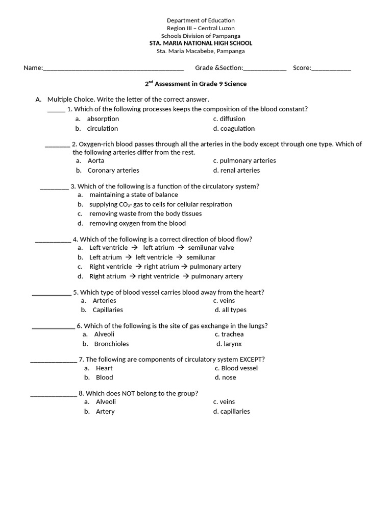 Assessment 2 Science 9 | PDF | Circulatory System | Heart