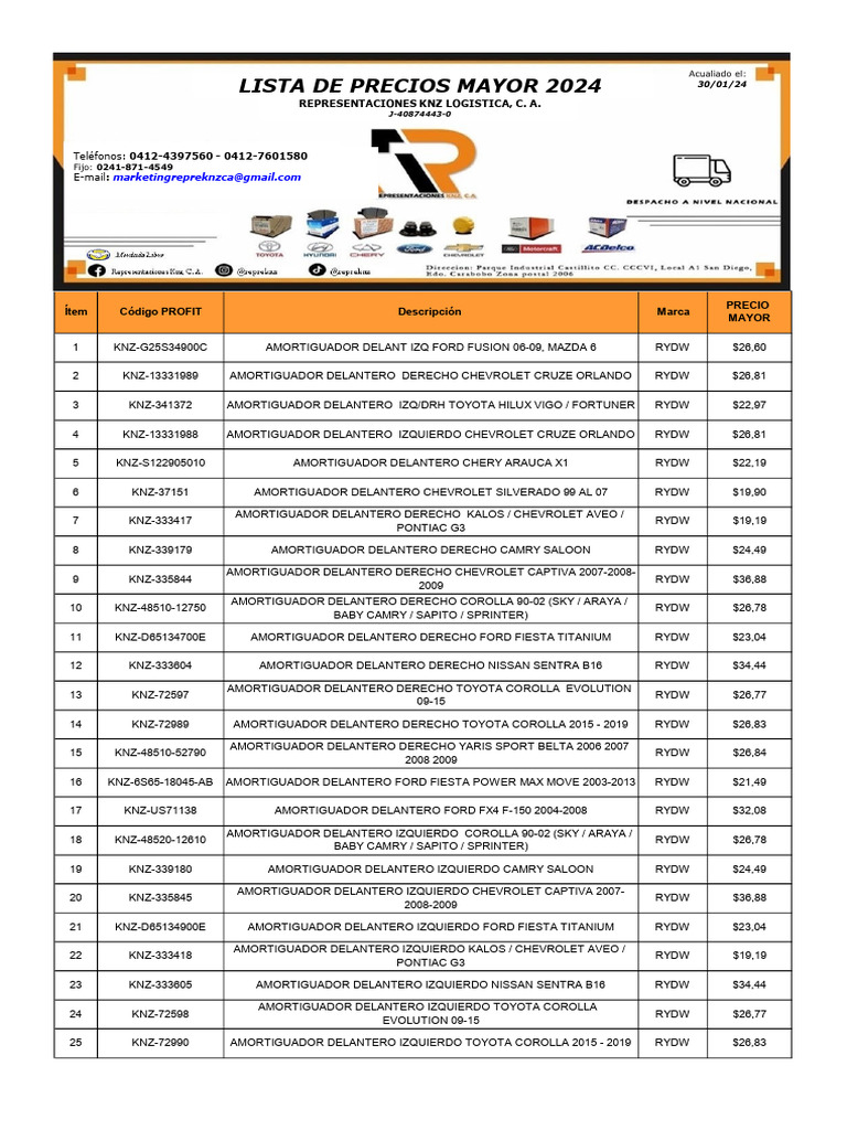 Lista de Amortiguadores y Precios 2024 | PDF | Toyota | Vehículos ...