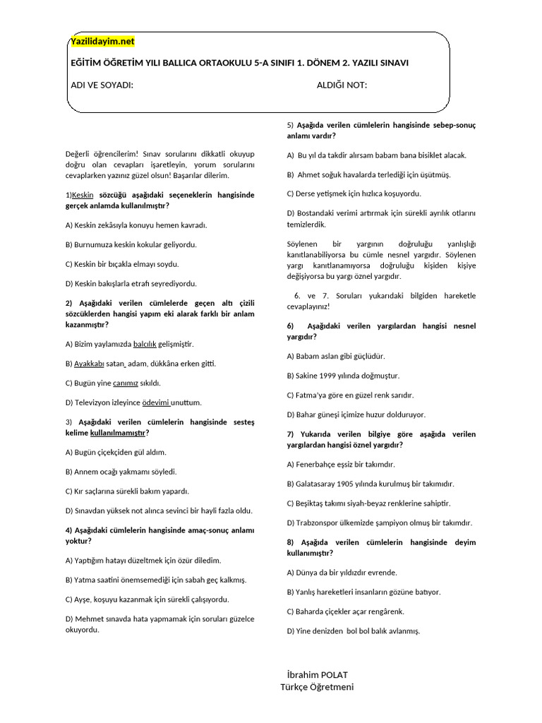 5.Sinif-Turkce-1.Donem-2.Yazili-Sorulari-1 | PDF