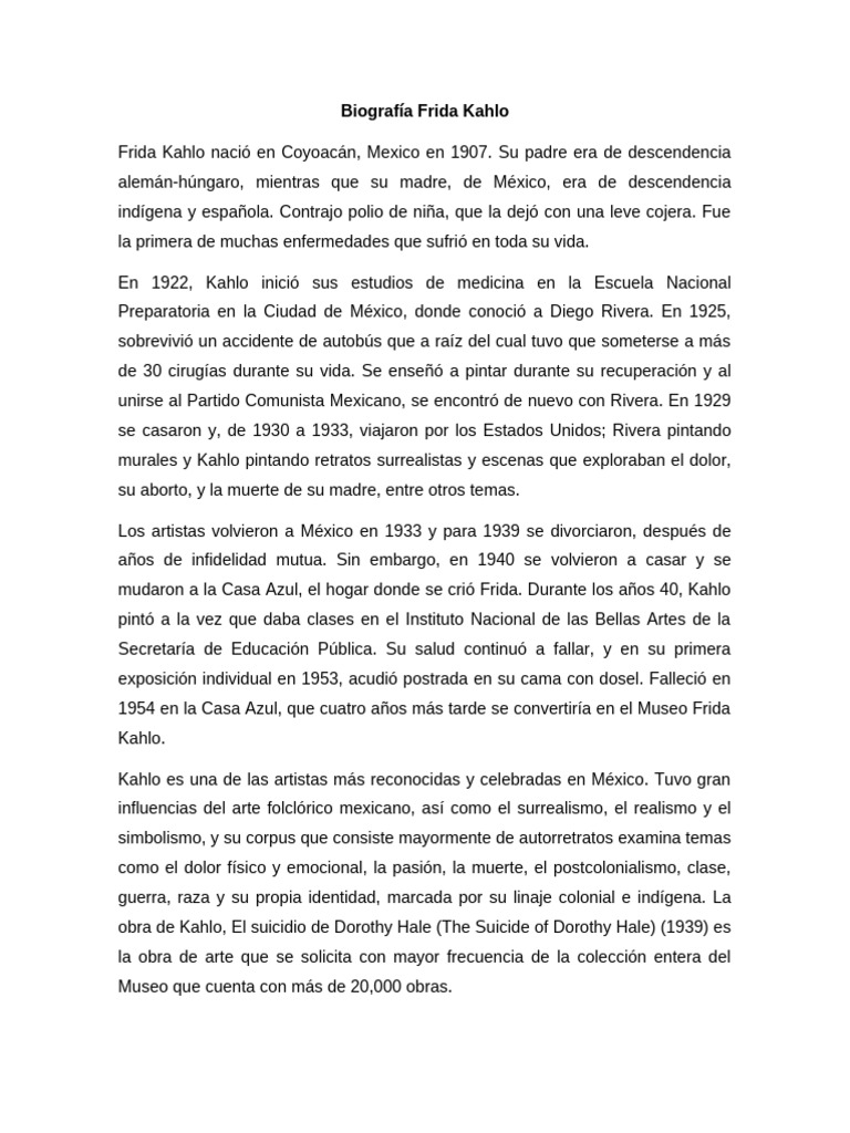 Biografía breve de Frida Kahlo | PDF