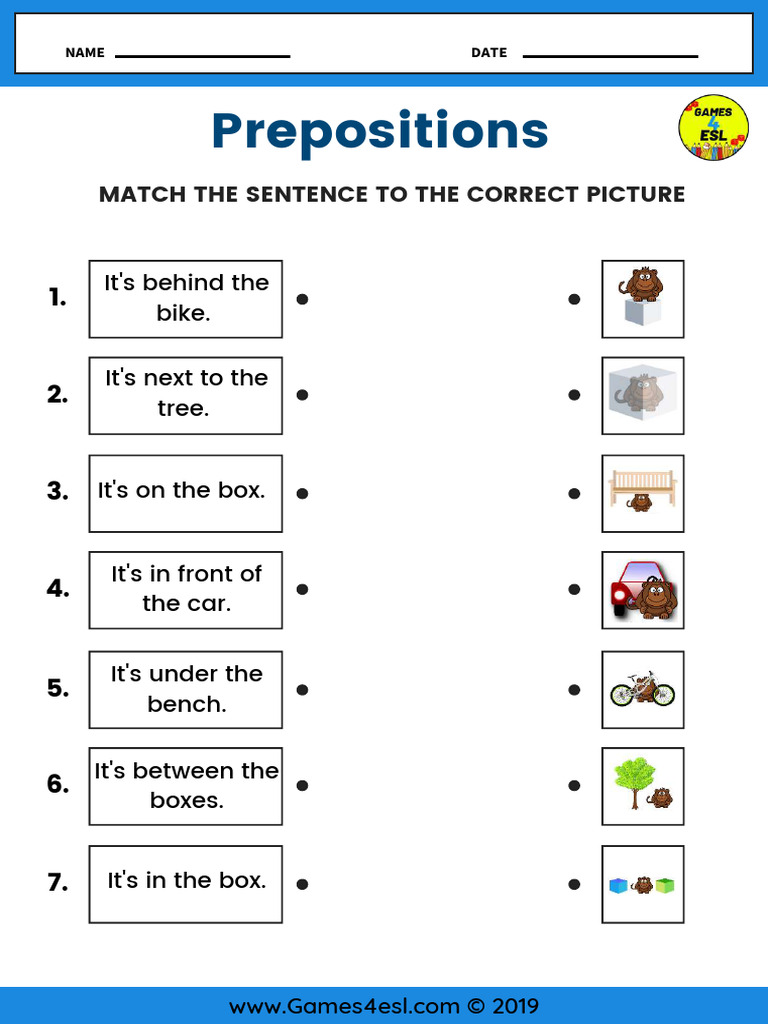 Prepositions Picture Matching Game | PDF