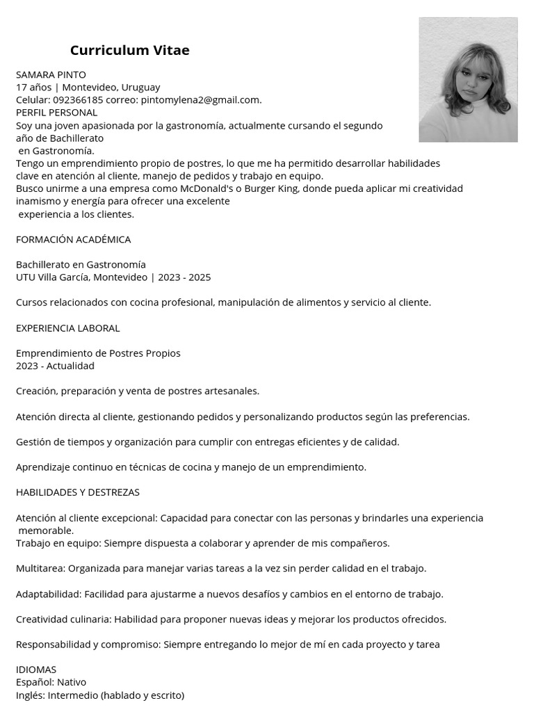 Curriculum de Samara Pinto en Gastronomía | PDF
