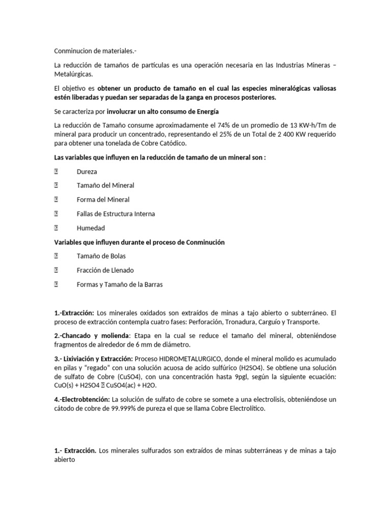 Conminucion de Materiales RESUMEN | PDF | Cobre | Minería