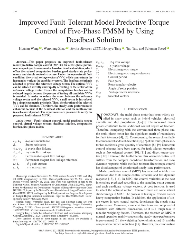 Improved Fault-Tolerant Model Predictive Torque Control of Five-Phase PMSM by Using Deadbeat ...