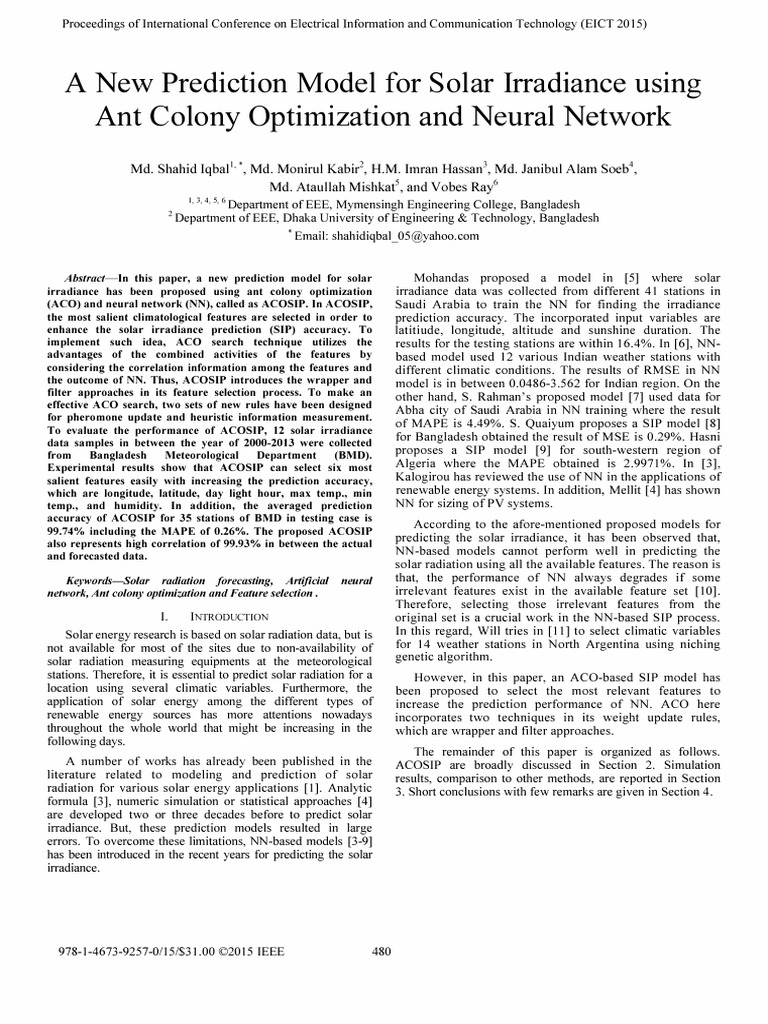 2015 - A New Prediction Model For Solar Irradiance Using Ant Colony Optimization and Neural ...