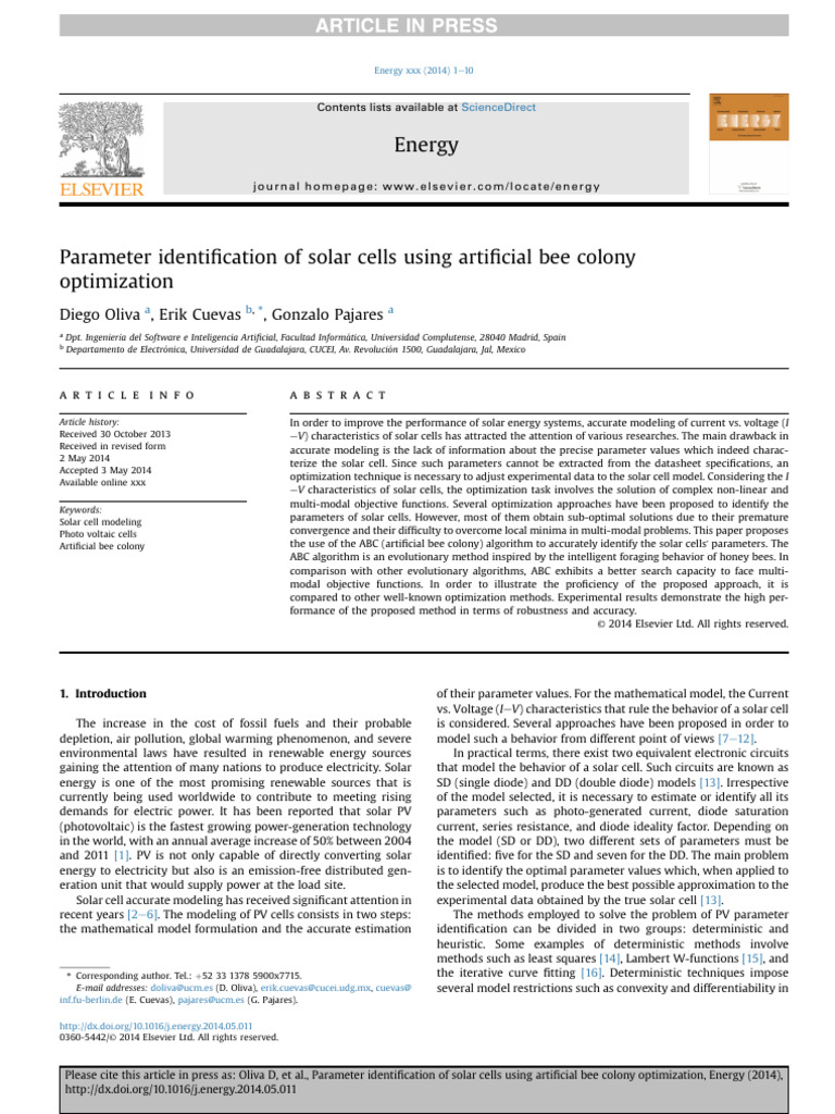 2014 - Parameter Identification of Solar Cells Using Artificial Bee Colony Optimization | PDF ...