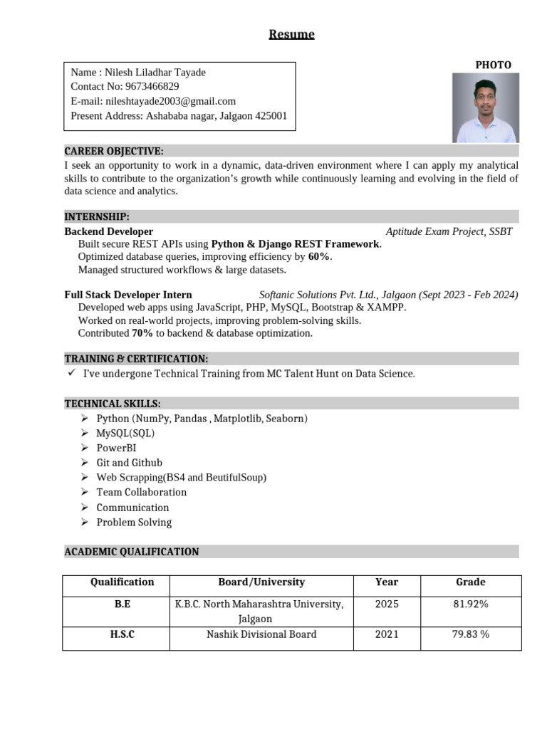 Nilesh Tayade Data Science | PDF | Data Science | My Sql