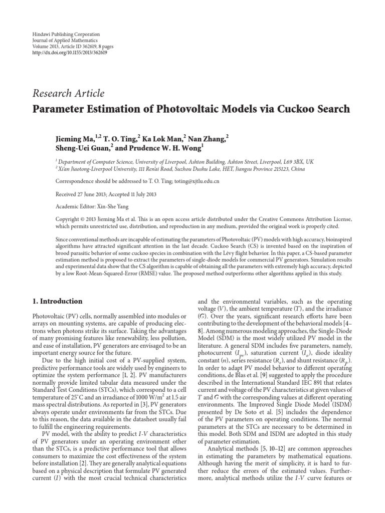 2013 - Parameter Estimation of Photovoltaic Models Via Cuckoo Search | PDF | Photovoltaics | Diode