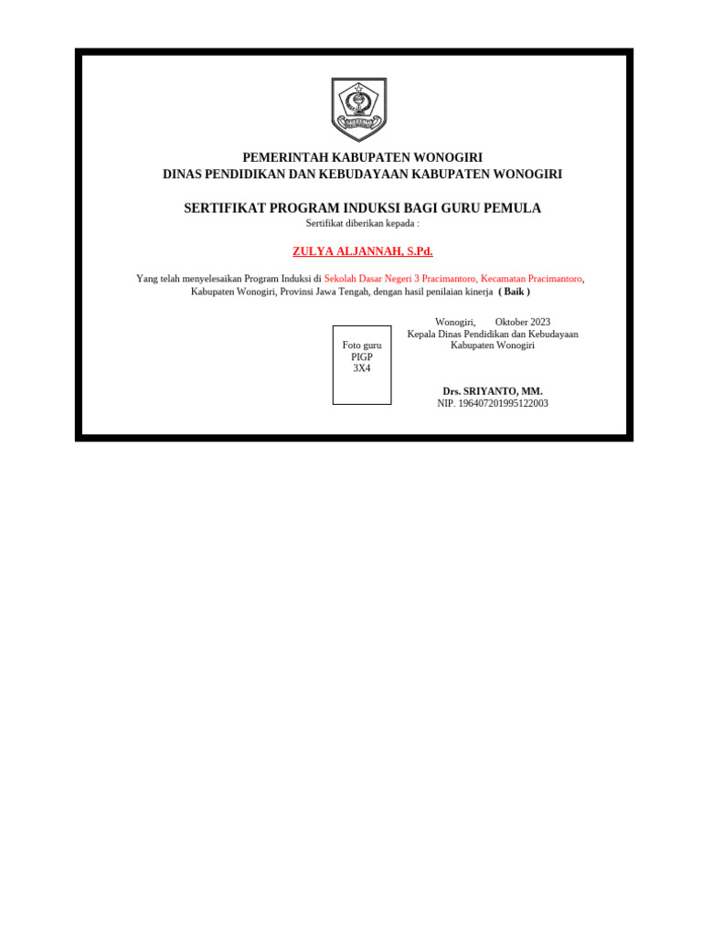 Format Sertifikat Program Induksi | PDF