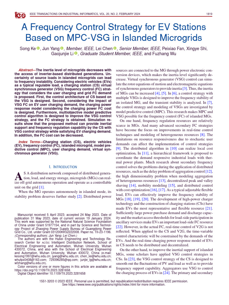 A Frequency Control Strategy for EV Stations Based on MPC-VSG in Islanded Microgrids | PDF ...