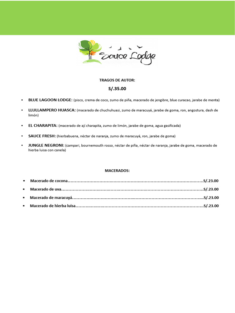 Carta de Tragos Sauce Lodge | PDF | Bebida | Bebidas alcohólicas