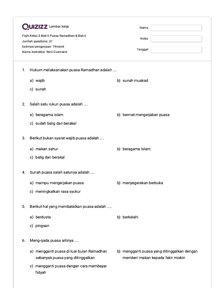 Fiqih Kelas 3 Bab 5 Puasa Ramadhan & Bab 6 - Quizizz | PDF