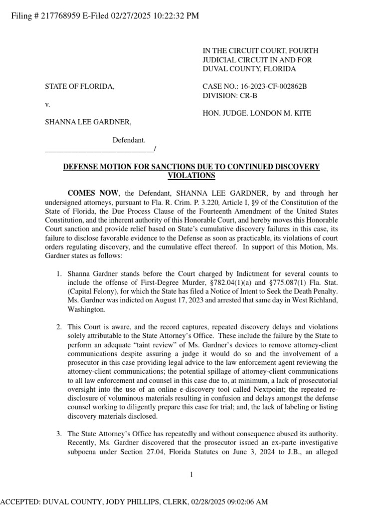 Defense Motion For Sanctions Due To Continued Discovery Violations | PDF | Discovery (Law ...