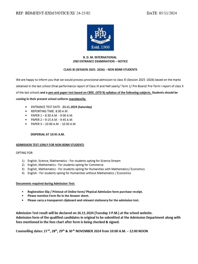 Class XI Non B.D.M.I 2nd Entrance Examination Notice SESSION 2025 2026 ...