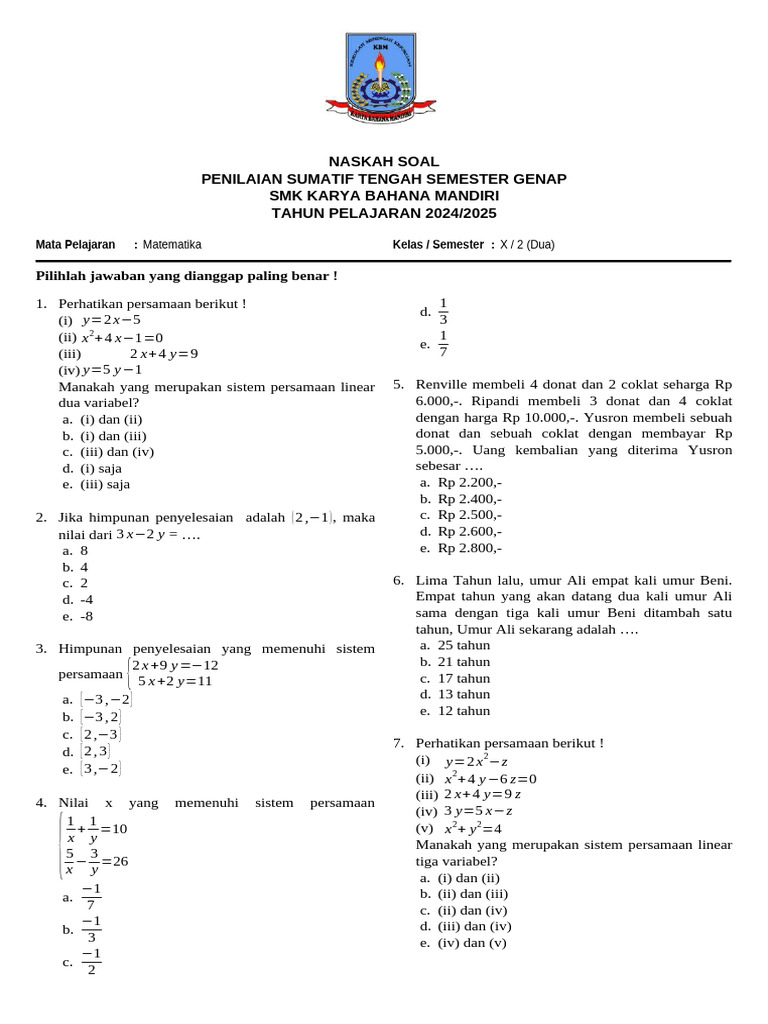 Soal KLS X - Mapel Matematika PSTS Genap 2425 | PDF