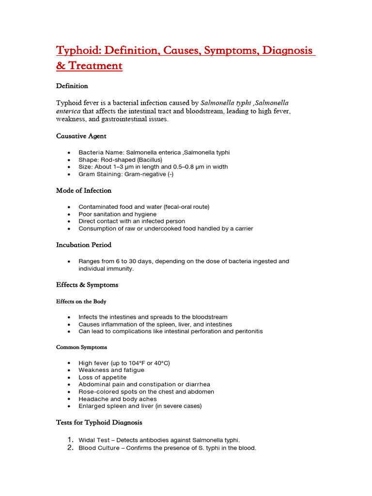Typhoid Fever Diagnosis Overview | PDF