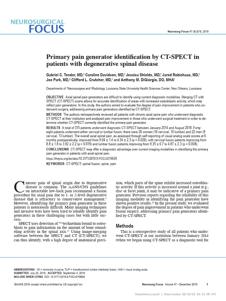 Neurosurg Focus Article PE18 | PDF | Ct Scan | Back Pain